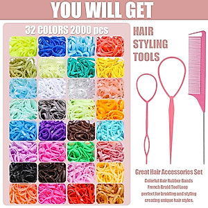 2400 Pcs Rubber Bands for Hair, 32 Colors Small Rubber Bands Elastic Hair Ties with Hair Styling Tools for Baby Toddler Girl Back to School Hair Accessories Gift