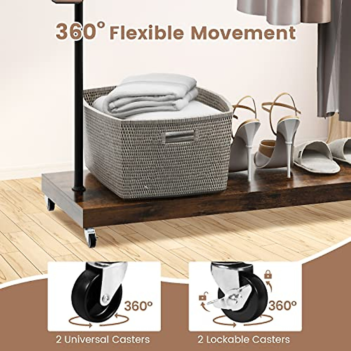 Tangkula Clothes Rack on Wheels, Industrial Pipe Style Rolling Garment Rack with Bottom Storage Shelf & 5 Hanging Hooks, Clothes Organizer with Sturdy Metal Frame for Bedroom Laundry Room