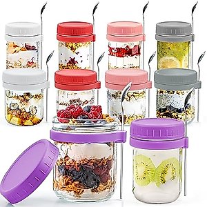 ZIJUND Overnight Oats Containers with Lid and Spoon, 16 oz & 10 oz Glass Mason Overnight Oats Jars, 2 Large & 2 Small Family Sharing, Airtight Jars for Salad, Cereal, Fruit (10 Pack)