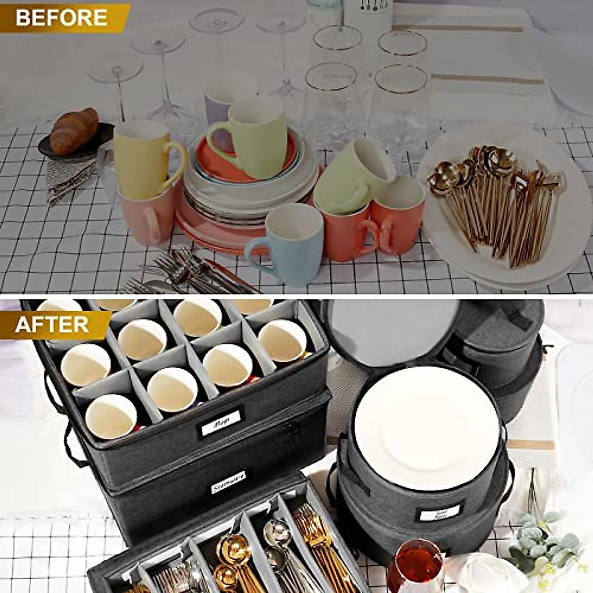 Homelux Theory Mug Storage Box with Dividers | 16"x12.5"x6" ULTRA THICK HARDSHELL ALL SURFACES & COVER | Cup Storage| Stackable storage with 12 compartments | Cup Storage Organizer with handles