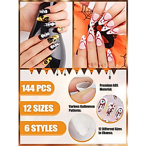 144PCS Halloween False Nails, Lorvain Halloween Artificial Nails Acrylic Full Cover Nails Fake Fingernails Press on Nails with 6PCS Nail Glue for Women Girls DIY Nail Art Salon Home (Almond)