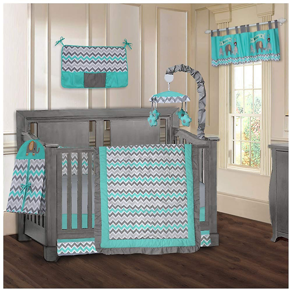 BabyFad Elephant Turquoise Chevron 9 Piece Baby Crib Bedding Set 100% Cotton