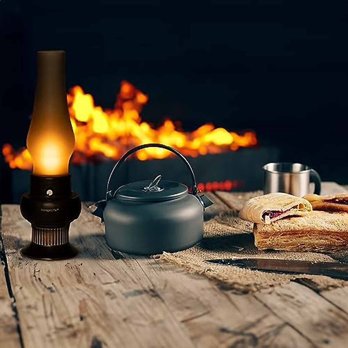 HoogaLife LED Vintage Kerosene Lamp Glass Lampshade Rechargeable Flame Effect Lantern with Timer and Retro Design - Frosted Gray