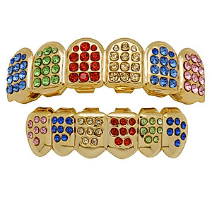 Vpang 18K Gold Plated Hip Hop Teeth Grillz Caps Iced Out CZ Face Diamond Top and Bottom Grillz Set for Men Women (Colorful)