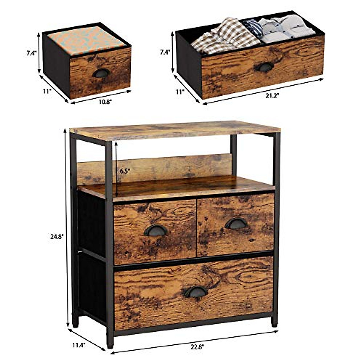 Furologee Nightstand with 3 Drawers, Small Dresser with Storage Shelf, Bedside Table/Closet Organizer, Rustic Fabric Linen Bins & Wooden Top for Bedroom, Hallway, Hotel (Rustic Brown)