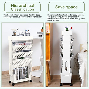5-Tier Plastic Mobile Bookshelf with Wheels, Desk Organizer Document Folder File Storage with Pen Holder,Rolling Book Cart Movable Bookshelf for Office, Dorm, Classroom,Library, Living Room (White)