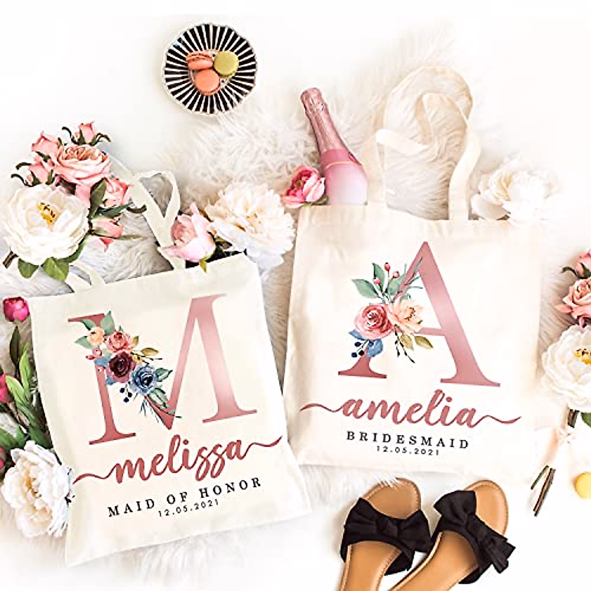 Generic Personalized Wedding Tote Bags Gift, Bride - Customized Floral Women Bag Custom Funny Beach Travel Grocery Bridesmaid Bachelorette Party Accessories Gifts C2, Beige, Single