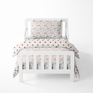 Bacati - Muslin 4 Piece Boys Toddler Bedding Set 100 Percent Cotton Includes Reversible Comforter, Fitted Sheet, Flat Sheet, and Pillow Case (Basketball Orange/Grey)