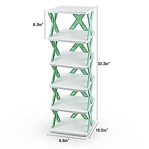 6 Tier Narrow Shoe Rack, Small Vertical Shoe Stand, Space Saving DIY Free Standing Shoes Storage Organizer for Entryway, Closet, Hallway, Easy Assembly and Stable in Structure, White and Green