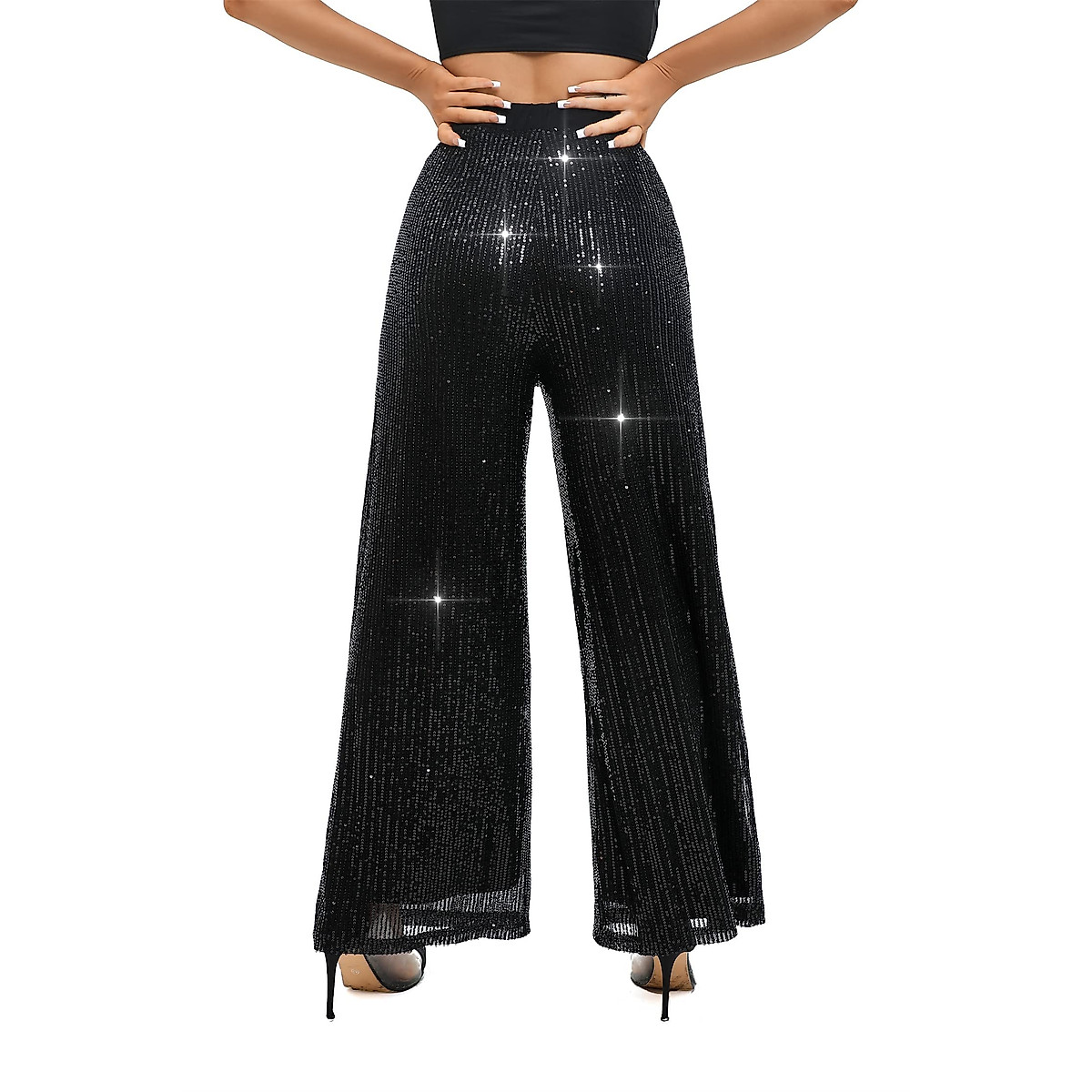 YHYJMY Womens Casual Sparkle Sequin Glitter Bling Loose Elastic High Waist Shiny Wide Leg Pants (K284-Black-M)