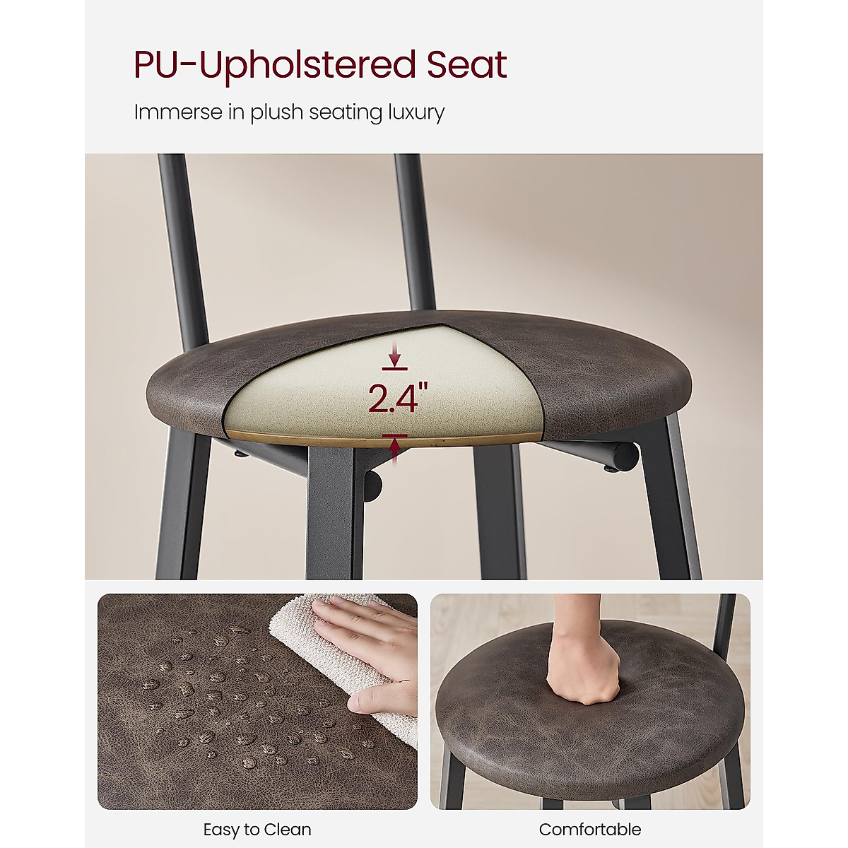 VASAGLE Bar Stools, Set of 2 PU Upholstered Breakfast Stools, 29.7-Inch Barstools with Back and Footrest, Simple Assembly, for Dining Room Kitchen Counter, Classic Black and Coffee Brown ULBC069B82