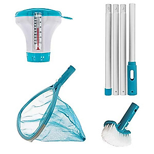 U.S. Pool Supply Professional Heavy Duty Spa, Hot Tub, Pond Cleaning & Maintenance Set - Small Skimmer Net, Deep Fine Mesh Netting, Spa Scrubbing Brush, 4 Ft Pole, Floating Chlorine Chemical Dispenser