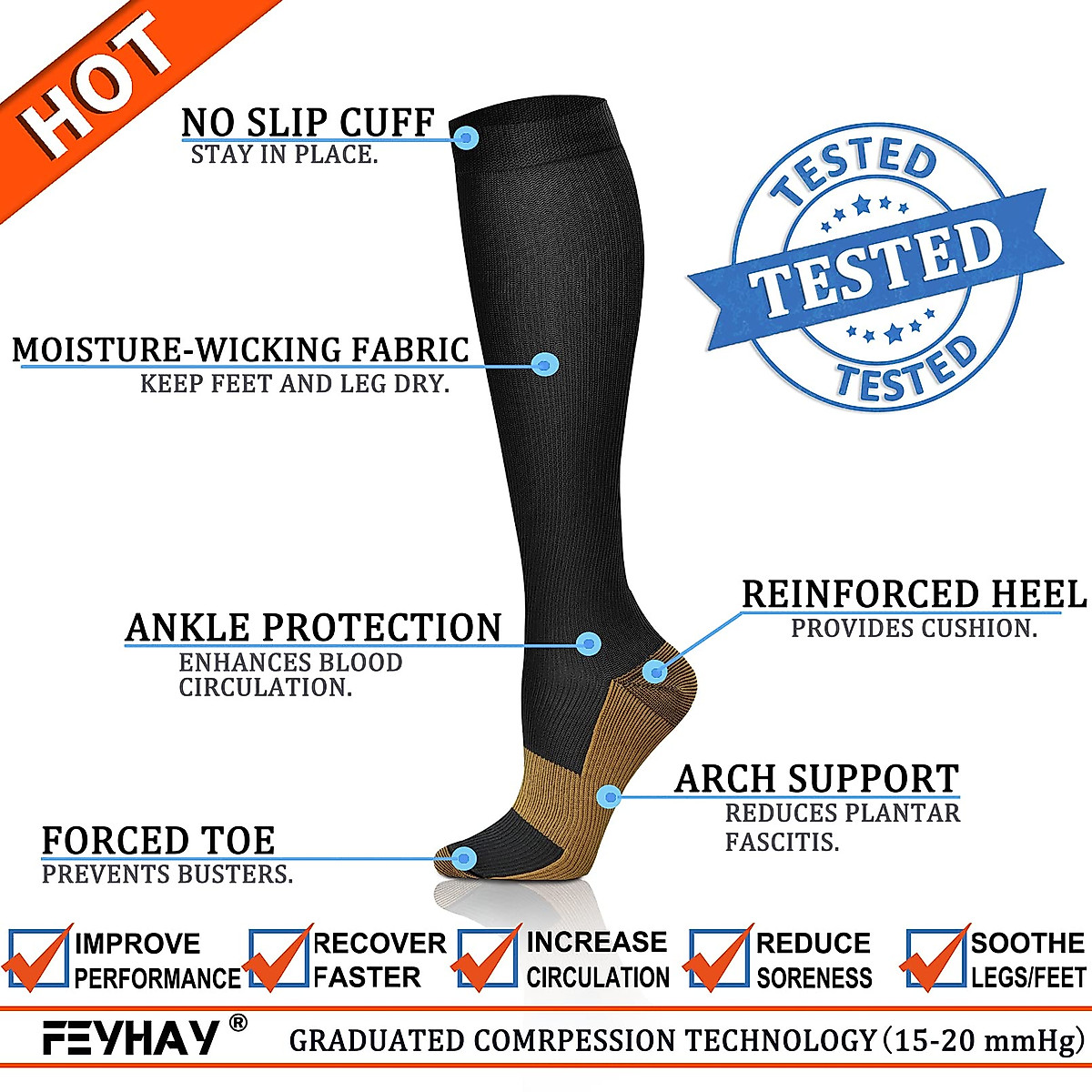 FEYHAY Copper Compression Socks(8 Pairs) for Men & Women 15-20 mmHg is Best Athletic & Daily for Running Flight Travel Climbing(L/XL