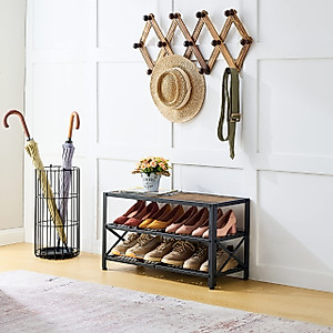 Hoctieon Shoe Rack, 3-Tier Shoe Organizer, 28in Small Wooden Shoe Bench for Front Door, Shoe Storage with Mesh Shelves for Entryway Living Room Hallway Closet, Rustic Brown (3-Tier)