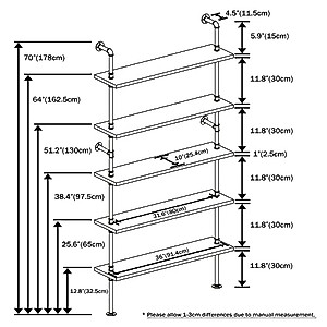 Anynice 5 Tier Industrial Ladder Shelf Bookcase, Wall Mounted Wood Metal Pipe Rustic Bookshelf for Living Room (Weathered Brown, 10" D x 36" W x 70" H)