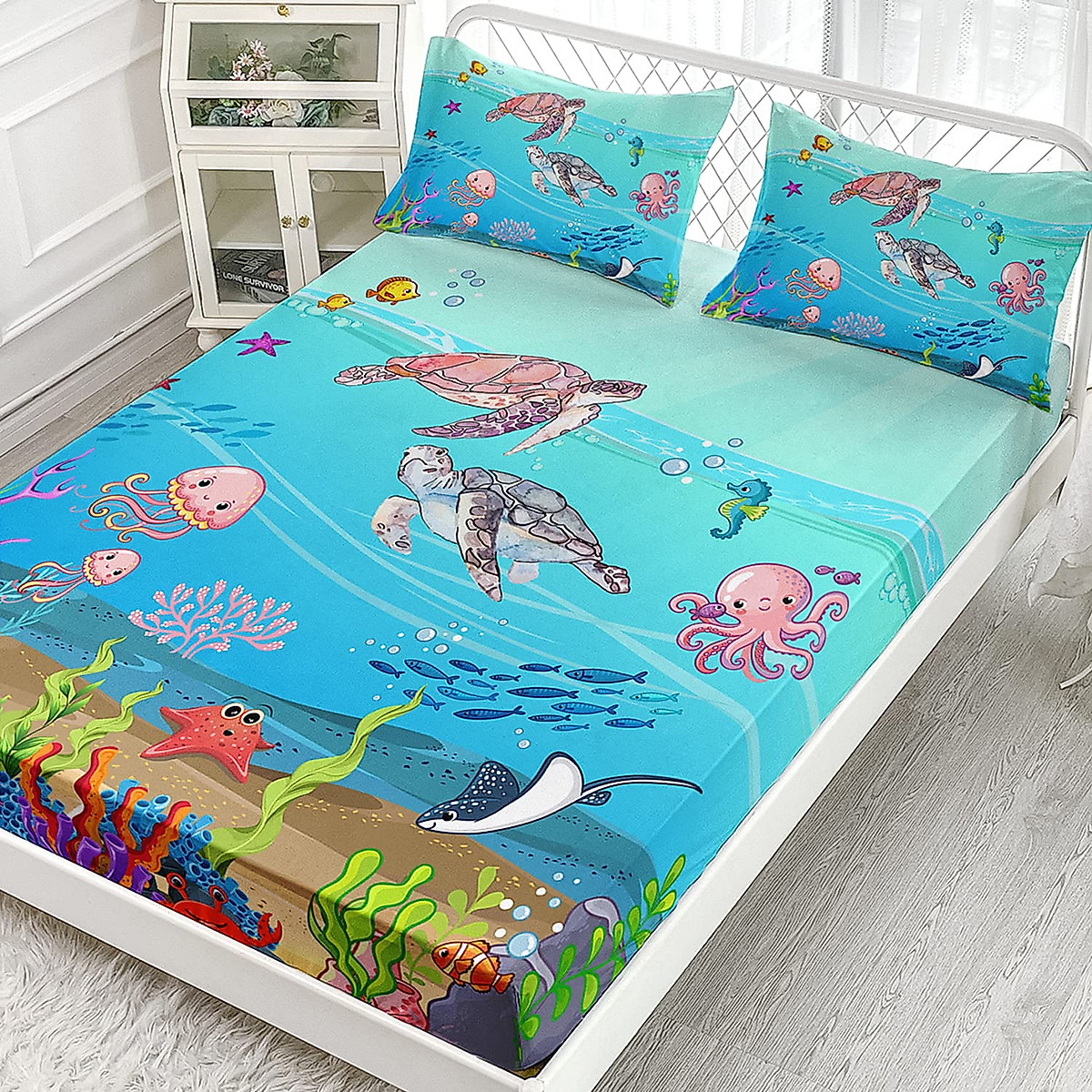 XYNHML Sea Turtle Fitted Sheet Tropical Fish Marine Life Bed Set Reptile Sea Animals Wildlife Bed Cover for Teens Adult Includes 1 Fitted Sheet,2 Pillowcases
