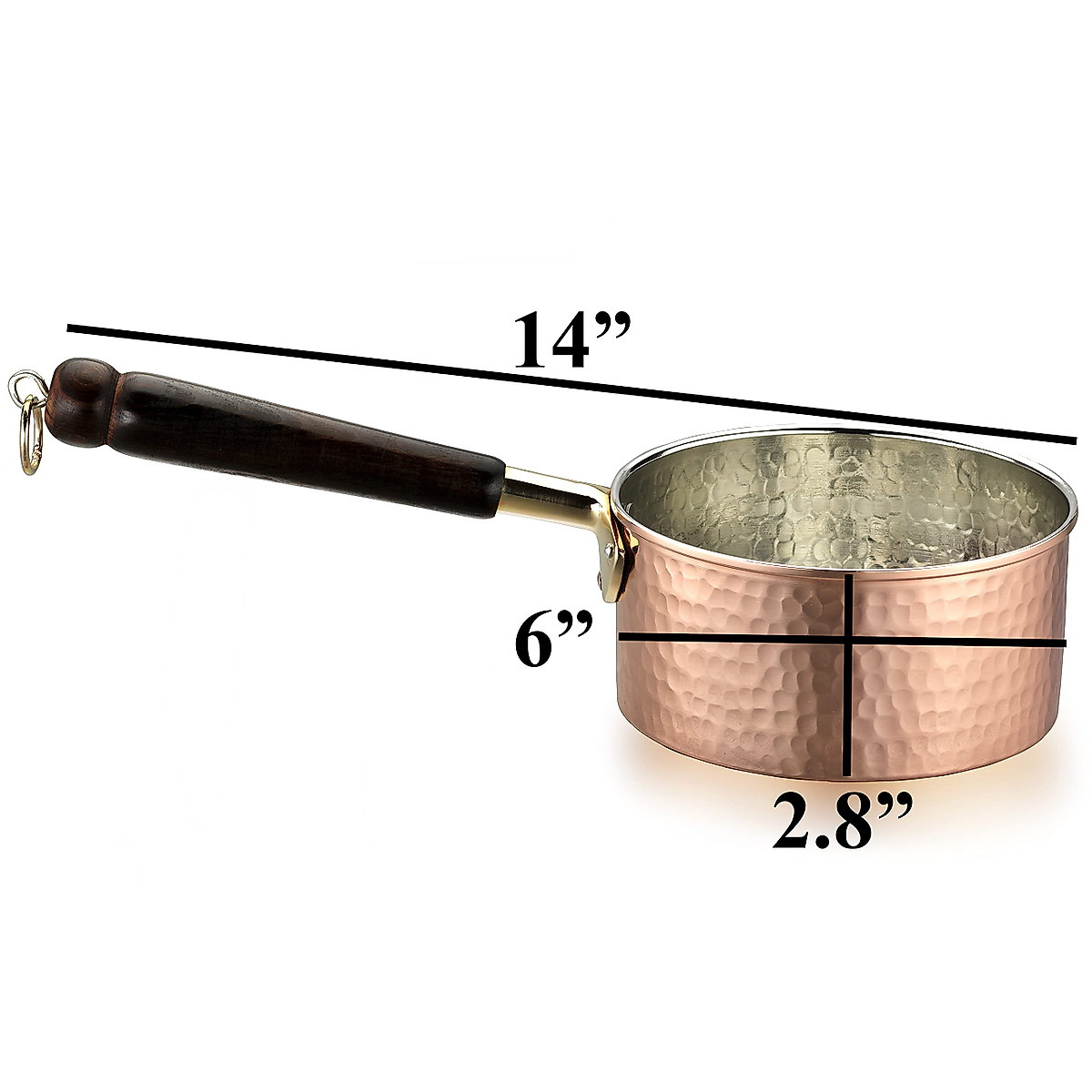 DEMMEX Copper Saucepan & Butter Warmer, 1mm Thick Solid Uncoated Hammered Copper, Wooden Handle, Tin Lined, 100% Handmade (1.2 Quarts-6"x2.8")