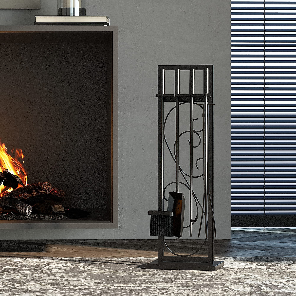 Fire Beauty 5 Piece Black Steel Fireplace Tool Set Fireplace Tool Furnace Accessory Kit with Brush, Poker, Spatula and Pliers