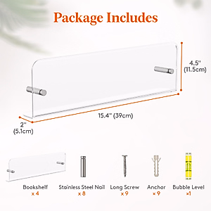 Lifewit Nursery Bookshelf 4 Pack, 15" Floating Shelves for Wall Mounted, Clear Acrylic Kids Magazine/Picture Hanging Racks for Baby/Toddler/Children in Bedroom, Living Room Decor