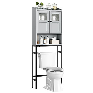 MXARLTR Over The Toilet Storage Cabinet, Bathroom Organizer Over Toilet Storage, Double Doors Over The Toilet Storage Soft Hinges above Toilet Bathroom Storage Shelf Over-The-Toilet Storage (Gray)