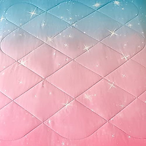 Rainbow Pink Glitter Stars Kids Comforter Set for Girls Queen Size Bedding Set 3 Piece Bed in A Bag Lightweight Quit Blue Gradient Sparkle Mermaid Galaxy Duvet Set for Kids Boys with 2 Pillowcases