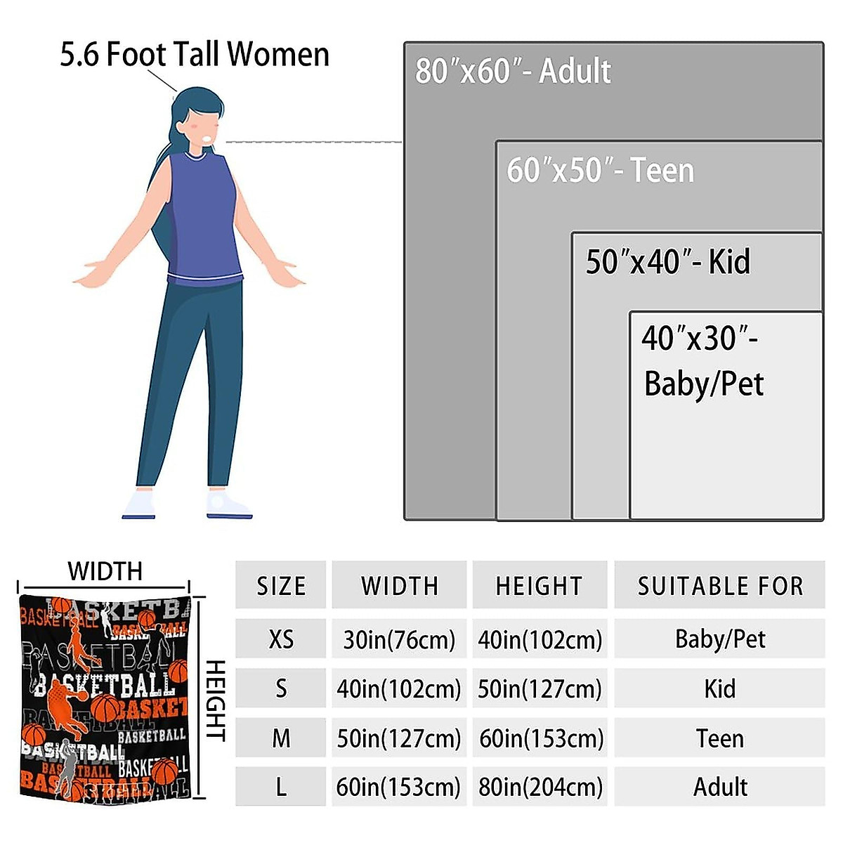 Mercuryelf Basketball Throw Blanket - Soft, Fuzzy & Warm - 60x80 Inches Flannel Blankets for Bed, Couch - Black Sports Throws Gift for Adults