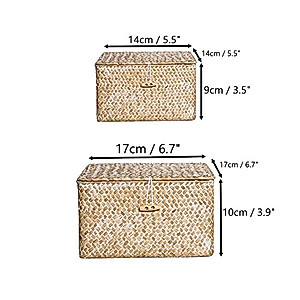 HAPYFURN Shelf Storage Boxes with Lid, Set of 2 Stackable Square Baskets for Shelves, Natural Seagrass Handwoven, Organizer Box of Cosmetics Keys Jewelry Needles Threads