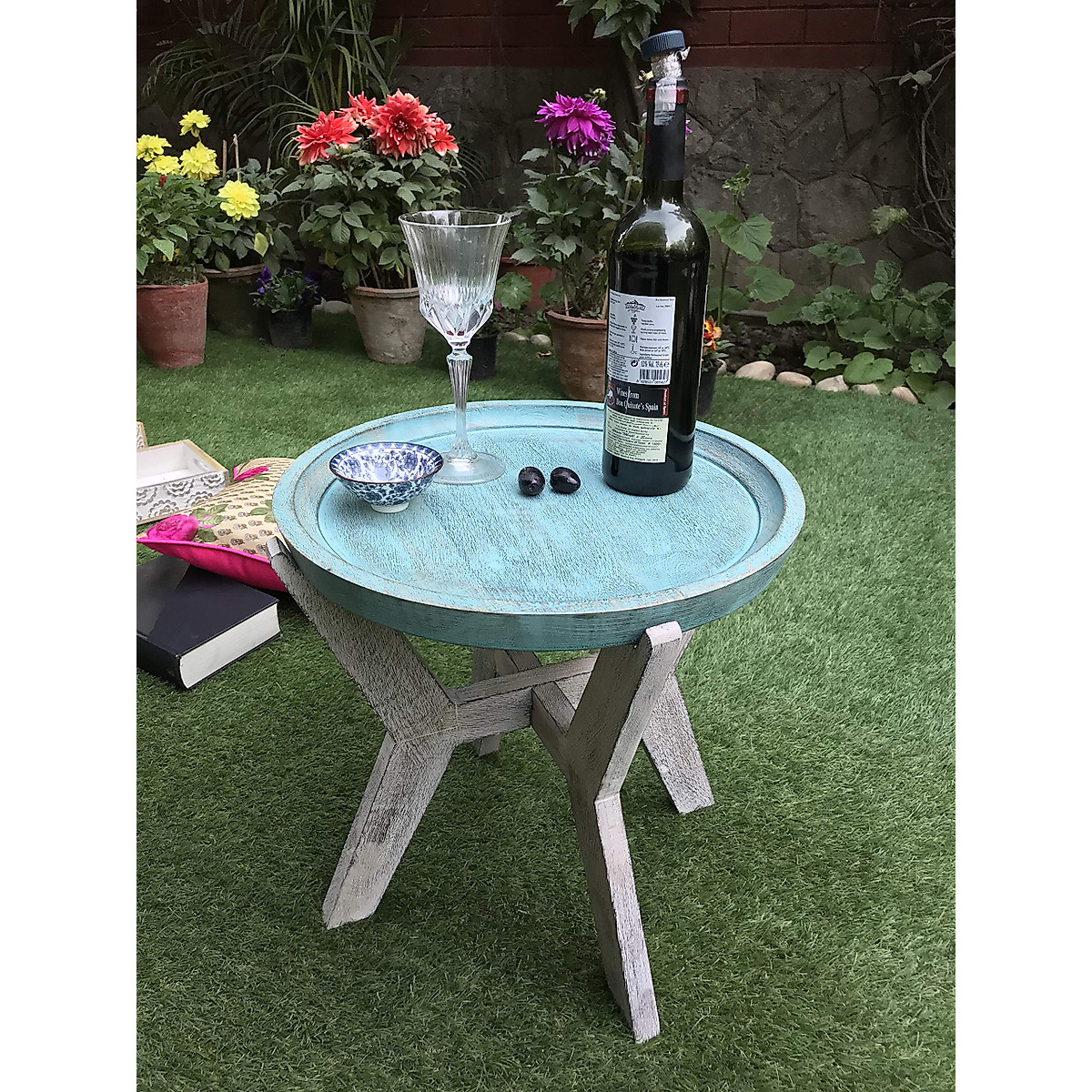 SAVON Serving Table Wood Side end Round Blue Rustic Wooden Tray Collapsible Distressed