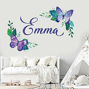 PrintsbyDM Custom Name Butterfly Wall Decal- Girls Room Wall Decor - WM531. Custom Name Removable Nursery Wall Decal for Girl - Flower Mural Wall Decal for Girls Bedroom