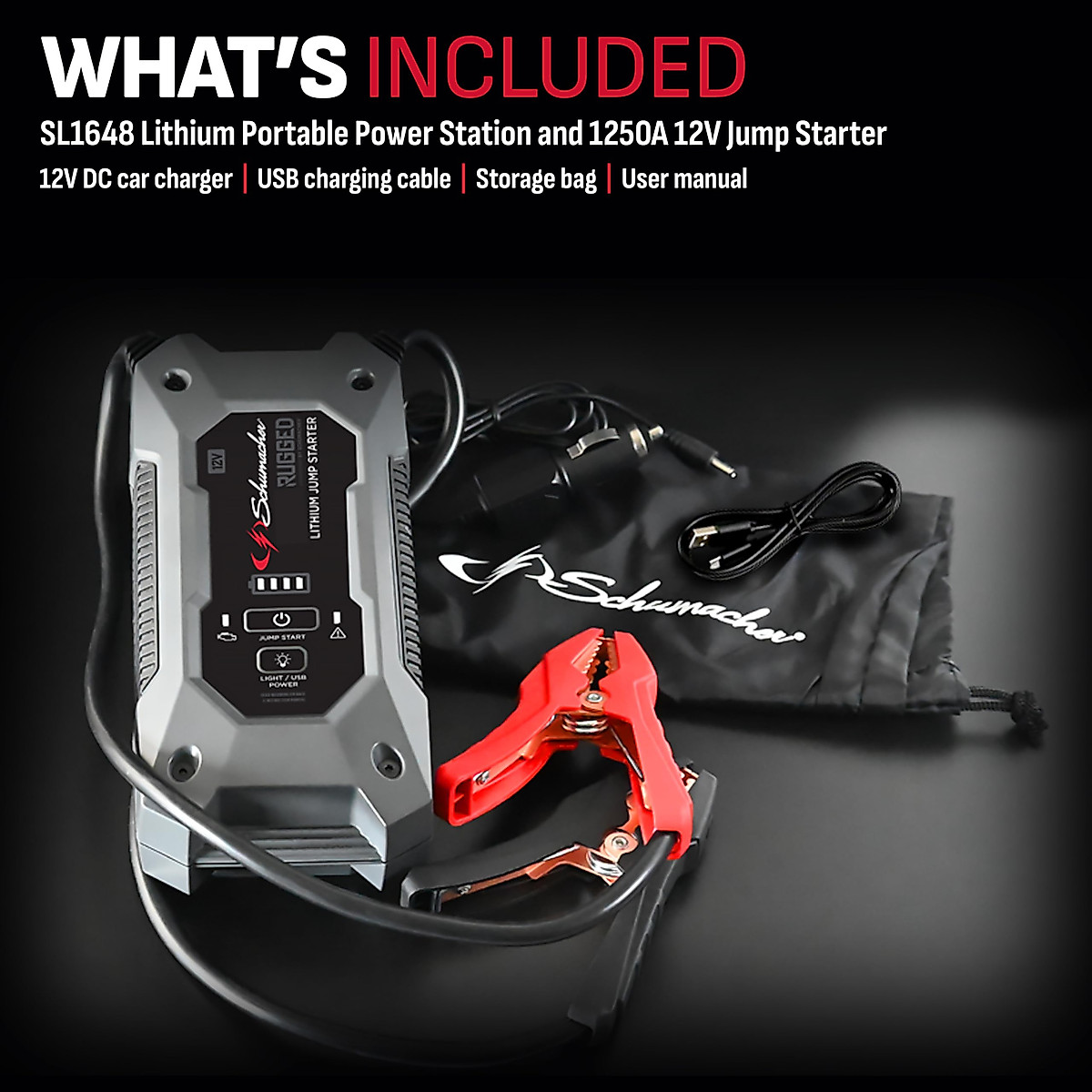 Schumacher Electric Lithium Jump Starter and Portable Power Pack SL1648, 3-in-1, 1250A, 12V, for 6.0L Gas, 3.0L Diesel Engines- Works on Cars, Trucks, Motorcycles, Marine Batteries, SUVs, and More