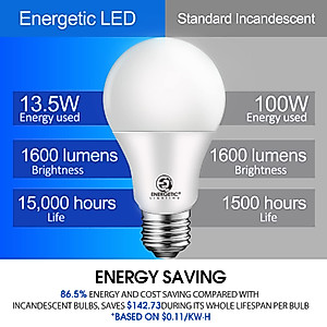 Energetic LED Light Bulbs 100 Watt Equivalent, Warm White 3000K, 1600lm 13.5W A19 Dimmable Light Bulb, CRI80+, 15000Hrs, 6-Pack, UL Listed