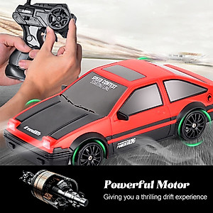 YUAN PLAN Remote Control Car 1/24 2.4GHz 4WD RC Drift Car, Rechargeable High Speed RC Cars with Cool Lights, Two Batteries and Extra Tires Birthday Gifts for Kids