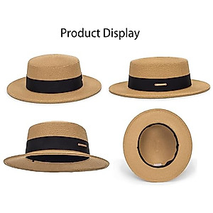 Straw Beach Sun Hat Pork-Pie Boater-Hat for Women Men - Summer Wide Brim Uv-Rays Panama Hat Khaki