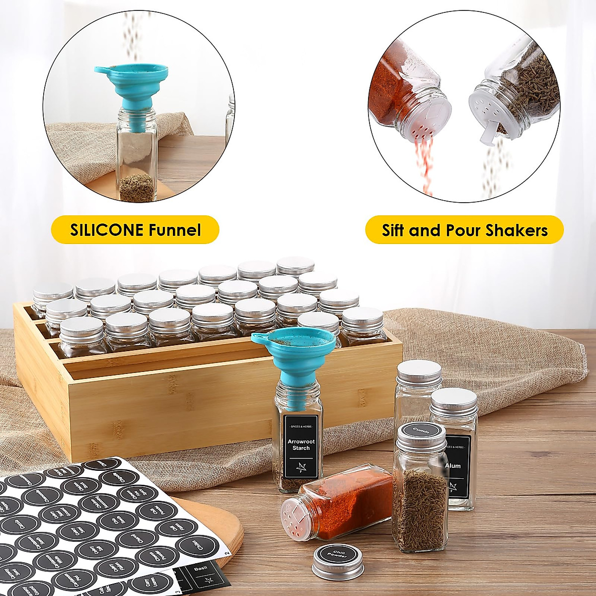 Bamboo Spice Rack Organizer With 28 Spice Jars, 780 Labels, 4 Tier Wood Hanging Shelf, Chalk Marker and Funnel Set for Drawer Cabinet Kitchen Countertop Wall Mount, Empty 4 oz Glass Jar & Shaker Lids