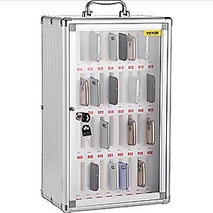 VEVOR 36 Slots Cell Phone Cabinet Silver Aluminum Alloy Pocket Chart Storage Locker Box w/Portable Handle, Key Lock & Handwritten Tags, Wall Mounted for Classroom, Office, Gym