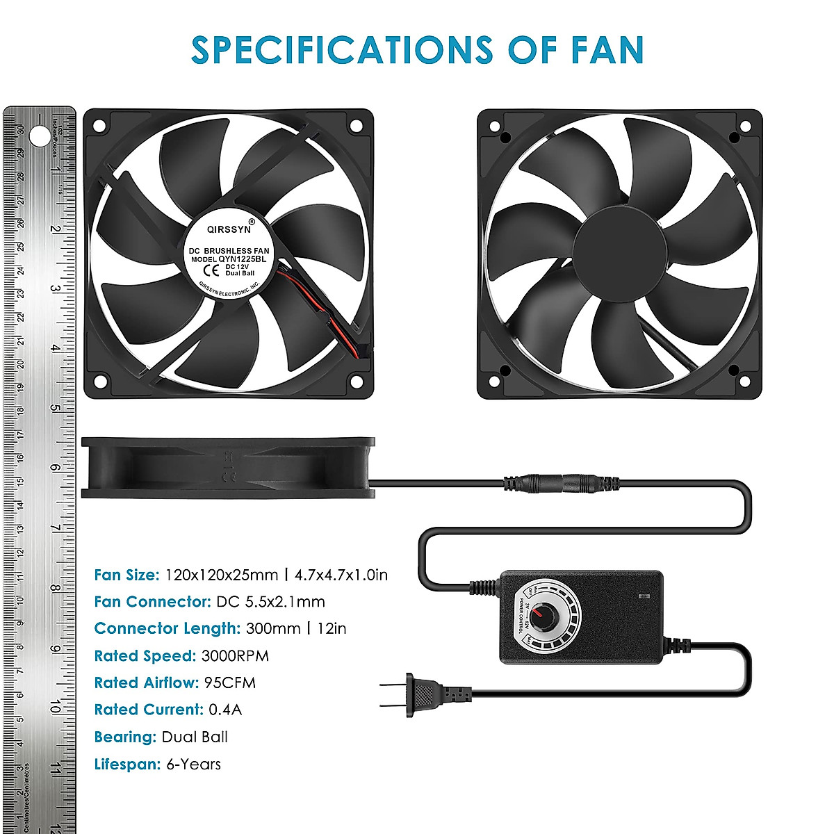 Qirssyn 120mm AC Powered Fan with Vriable Speed Controller, AC 110V to 220V Vriable Speed Fan for Receiver Amplifier DVR PlayStation Component Cooling