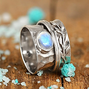 Boho-Magic 925 Sterling Silver Leaf Spinner Fidget Ring for Women with Moonstone Gemstone (9)