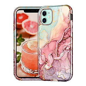 CASEFIV Compatible with iPhone 11 Case,Marble Pattern 3 in 1 Heavy Duty Shockproof Full Body Rugged Hard PC+Soft Silicone Drop Protective Women Girls Cover for iPhone 11 6.1 inch, Rose Gold