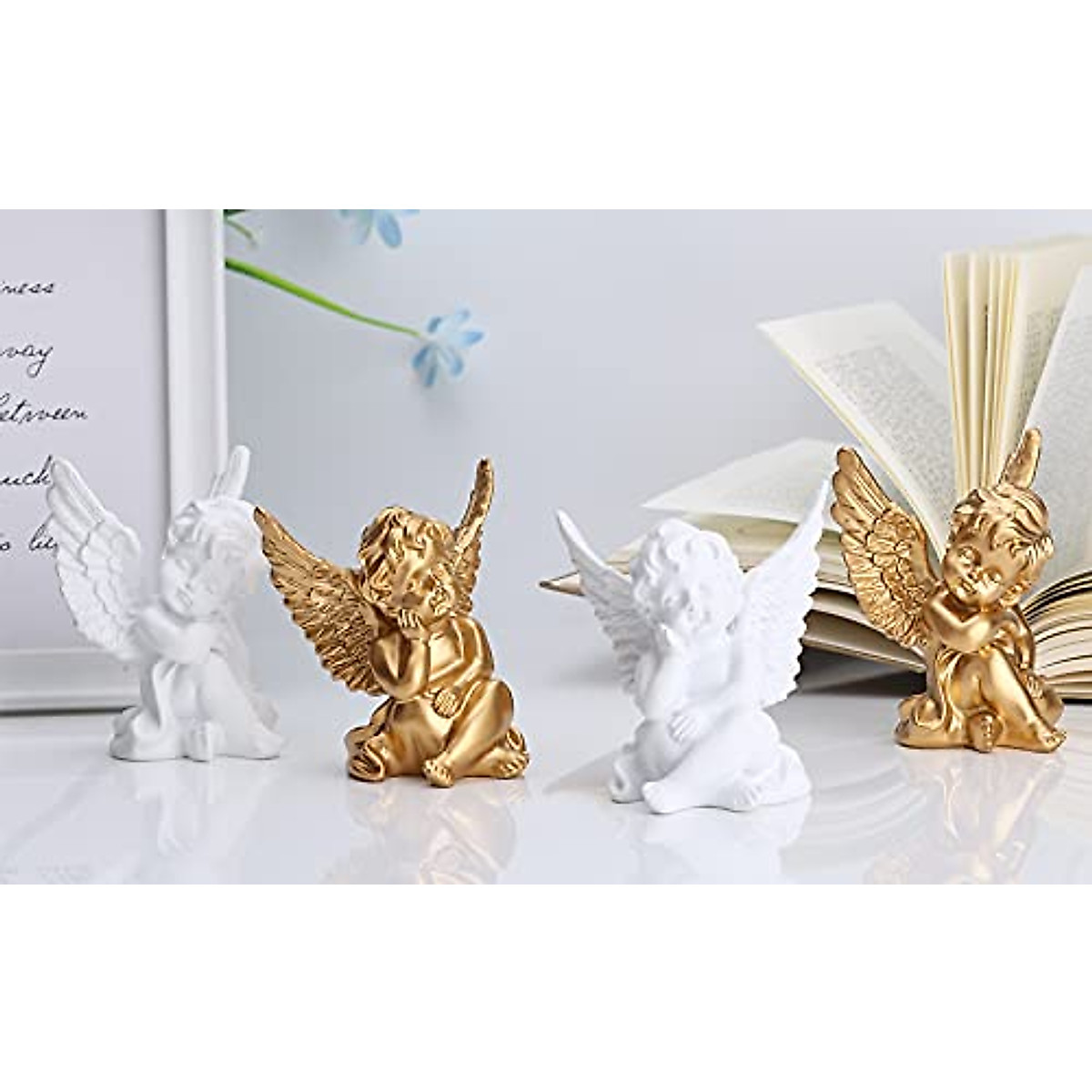 orenm 2 Pack Resin Cherubs Gold Angel Statue Figurine, Garden Sleeping Cherub Statue Sculpture Indoor Outdoor Home Decoration, Cute Adorable Angle Sculpture Memorial Statue(4" Height) (Gold)