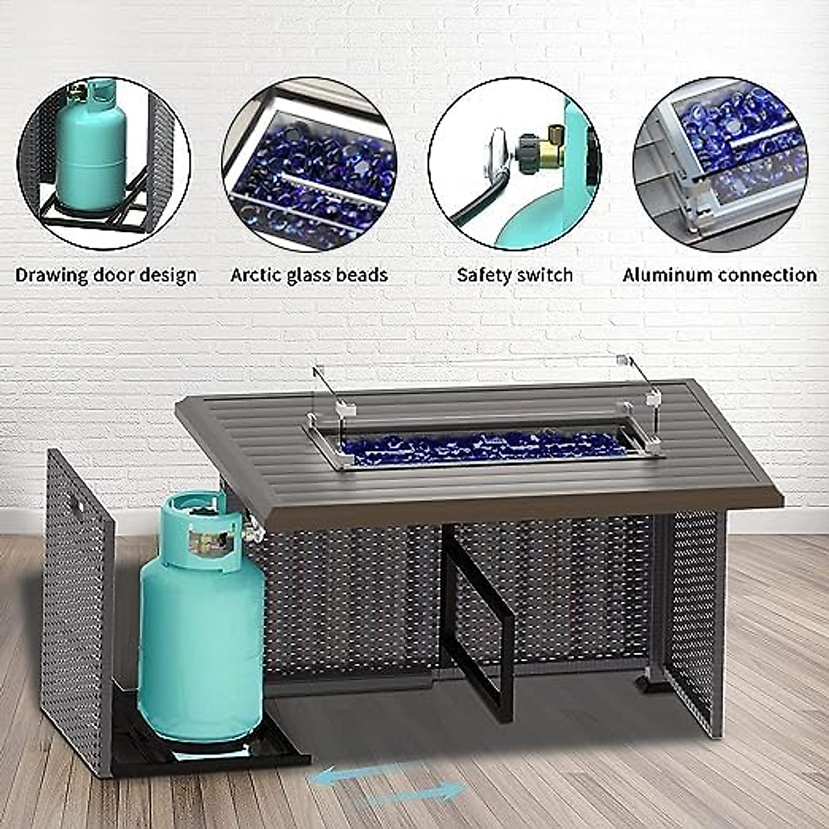 Halmuz 7 Piece Outdoor Patio Furniture Set with Propane Fire Pit, High Back PE Wicker Rattan Outdoor Sofa Conversation Set,Sectional Furniture Patio Set w/Tempered Glass Top Table&Gas Fire Pit(Grey)