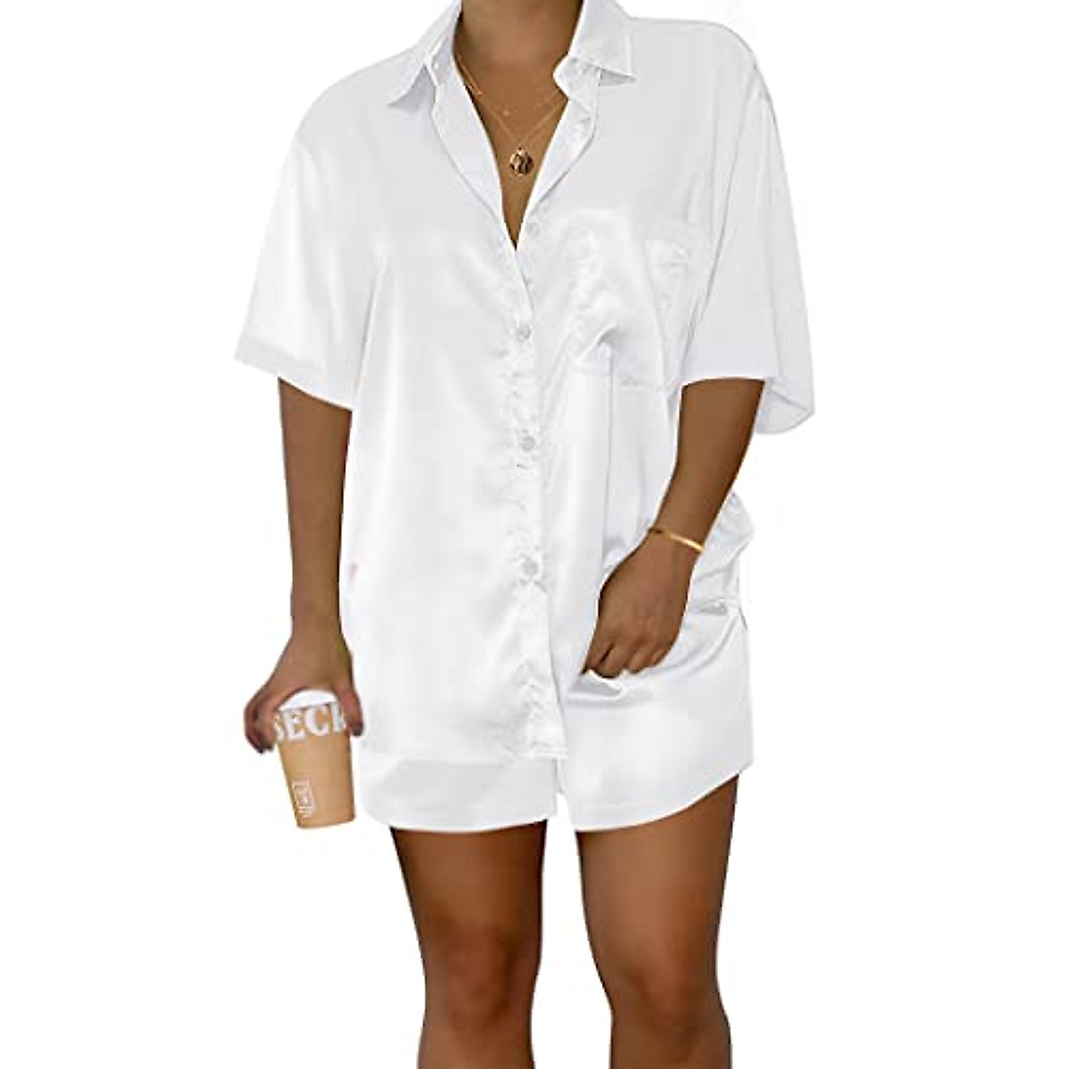 Ekouaer Silk Pajama Set Women's Pjs Satin Shirt and Shorts Two Piece Outfits Button Up Lounge Shorts Set White,Medium
