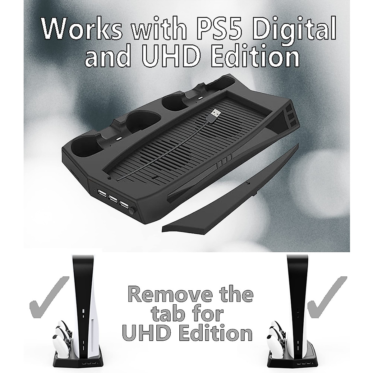 Sony PS5 Vertical Stand - Dual Cooling Fans, 2 DualSense Controller Chargers, 3 USB Ports, PS5 Controller Charging Station and PS5 Cooling Station Compatible with Sony Playstation 5 DE and UHD Edition