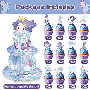 HPMNS Mermaid Cupcake Stand 24 pcs Cupcake Toppers for Mermaid Birthday Party Decorations Favors Supplies 3 Tier Mermaid Cupcake Tower Holder Mermaid Baby Shower Decorations