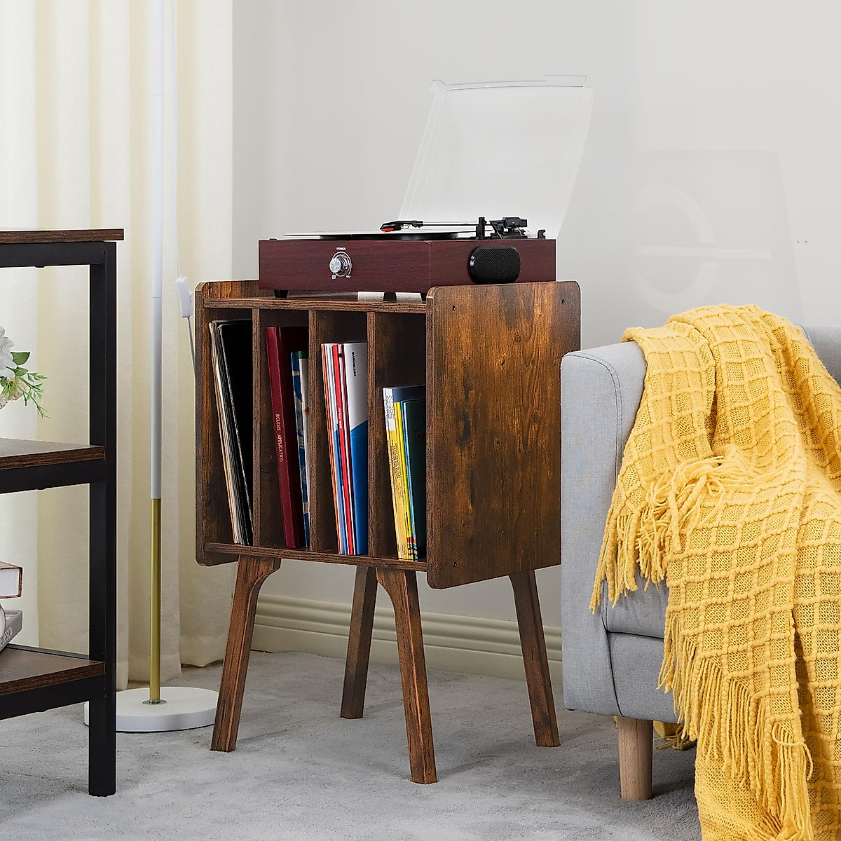 LELELINKY Record Player Stand,Vinyl Record Storage Table with 4 Cabinet Up to 100 Albums,Mid-Century Turntable Stand with Wood Legs,Brown Vinyl Holder Display Shelf for Bedroom Living Room (Patented)