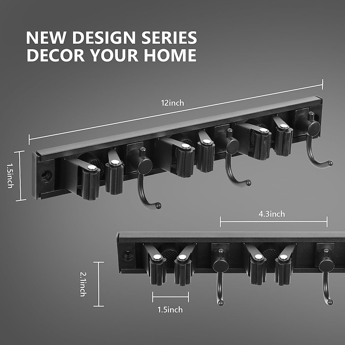 YA MI Mop holder, broom holder, stainless steel wall hanging tool storage device with 3 hooks in 3 positions, suitable for home bathrooms, kitchens, and gardens