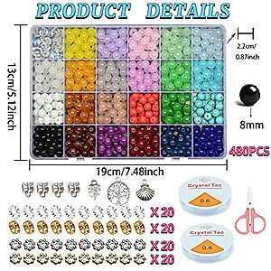 AIFNIY 570PCS Glass Beads for Jewelry Making 8mm Turquoise 24 Colors Crystal Beads Bracelet Making Kit Loose Round Gemstone Stone Spacer Chakra Energy Healing Beads Bulk DIY Crafts (Kit A)