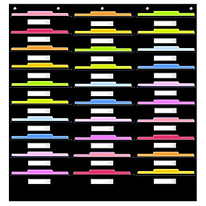 30 Pockets Storage Pocket Chart with 30 Nametag Pockets, Opret Hanging Wall File Organizer for File Folders with 5 Hangers for Classroom, Office, School Mailbox Organizer and Home (Black)