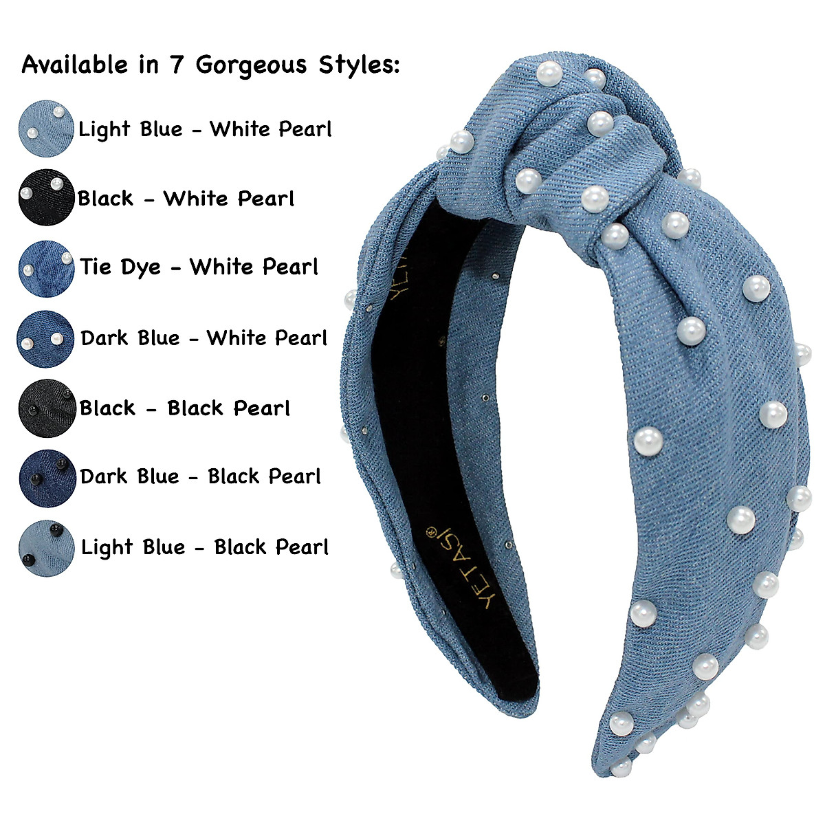 YETASI Denim Blue Pearl Knotted Headband for Women. Comfy Soft Fabric Top Knot Headband. Light Blue Jean Headband for Women Fashion Gets Compliments.
