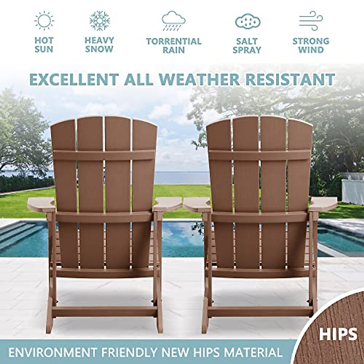May in Color Plastic Adirondack Chair Outdoor Chair, Weather Resistant Modern Fire Pit Patio Chair, Reclining Tall Large Plastic Adirondack Chair for Backyard,Garden,Lawn,Pool,Beach,Deck. (1, Teak)