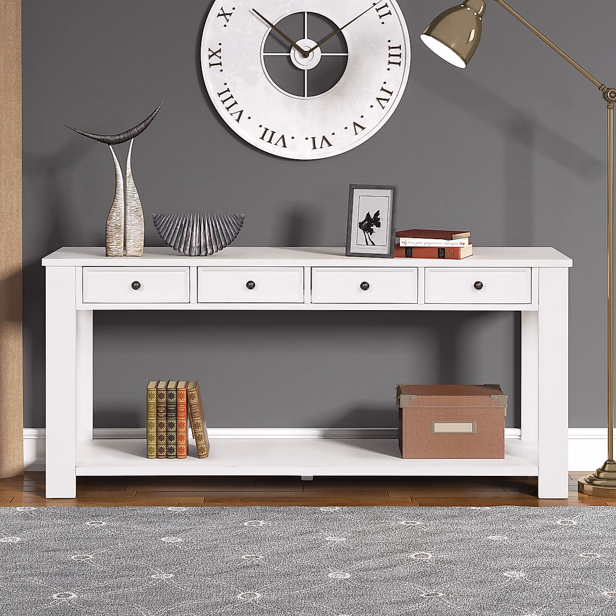 KLIECH 63" Pine Wood Console, Sofa 4 Drawers and 1 Bottom Shelf,Narrow Long Table for Living Room Entryway Hallway Bedroom,Antique White